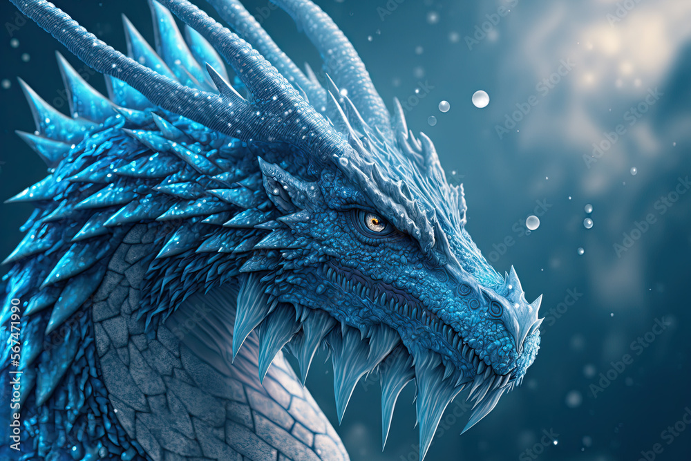 Blue giant dragon with scales on winter background. Mythological ...