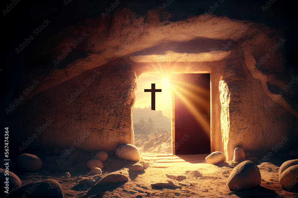 Empty tomb at sunrise. Easter concept created with generative Ai ...