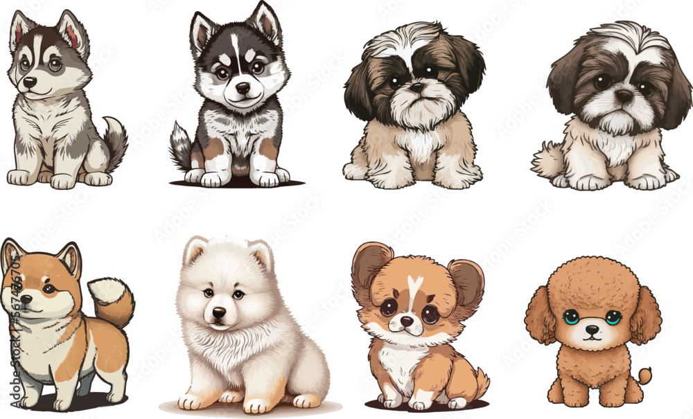 Bundle of colored cute dogs vector illustrations with isolated white ...