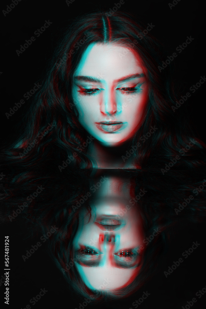 Pop art concept. Woman with long wavy hair sensual studio portrait ...