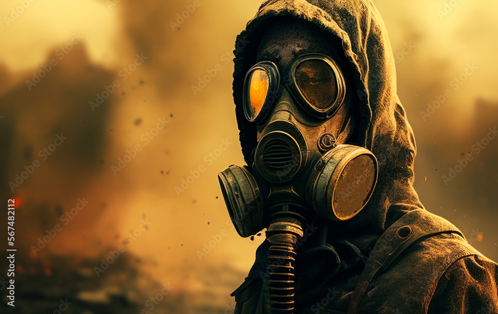 Gas mask on man during explosion. Chemical weapons against civil ...