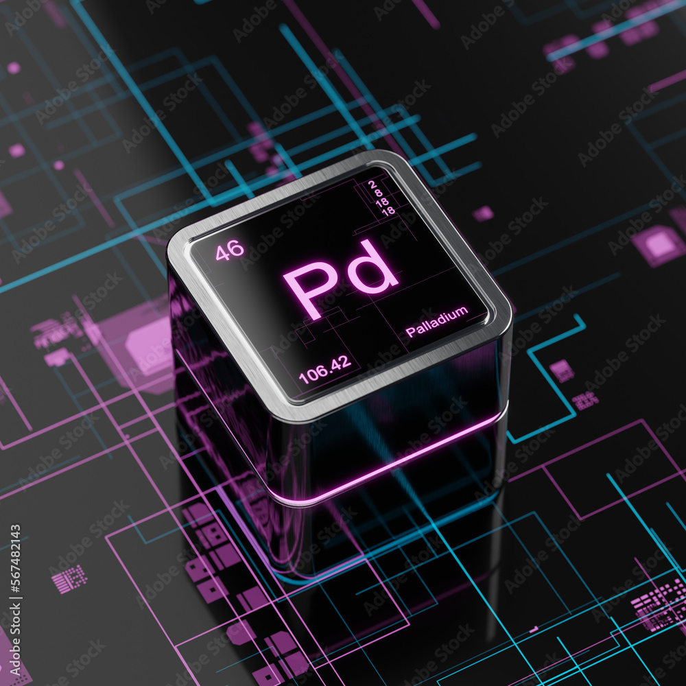 Palladium element symbol in periodic table, metallic cube with LCD ...