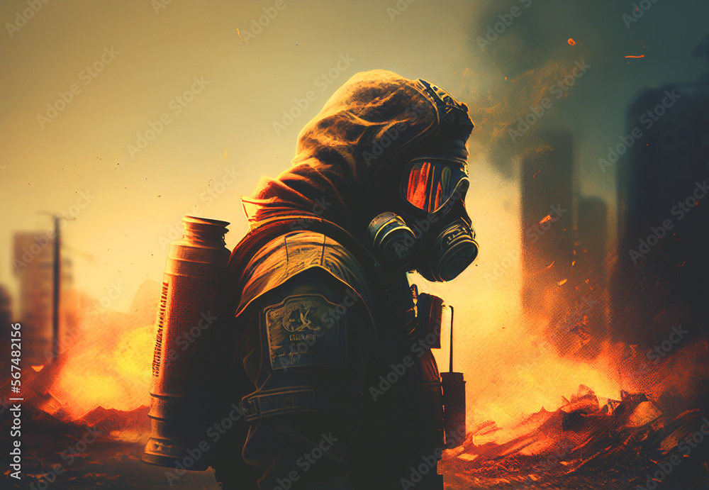 Gas mask on man during explosion. Chemical weapons against civil ...