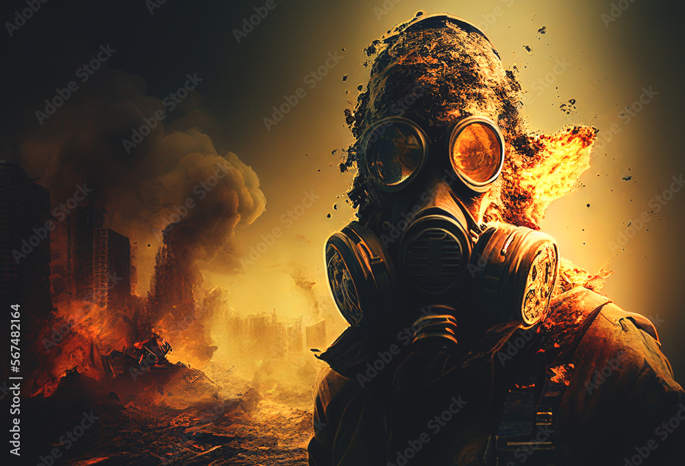 Gas mask on man during explosion. Chemical weapons against civil ...