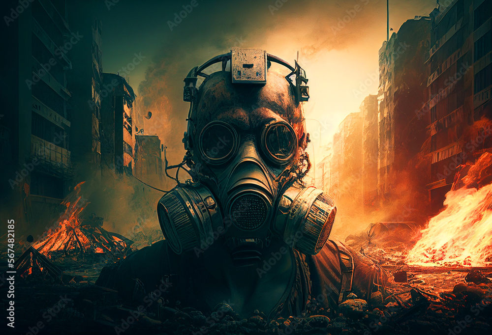 Gas mask on man during explosion. Chemical weapons against civil ...