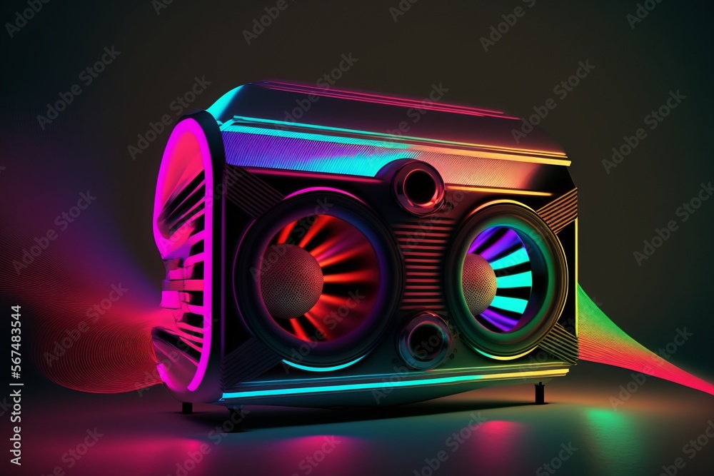 Colourful Neon Audio Sound System Music Reproductor Speaker in Retro 3d ...