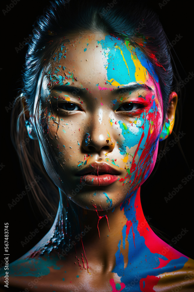 Portrait of beautiful Asian woman with face paint makeup illustrated ...