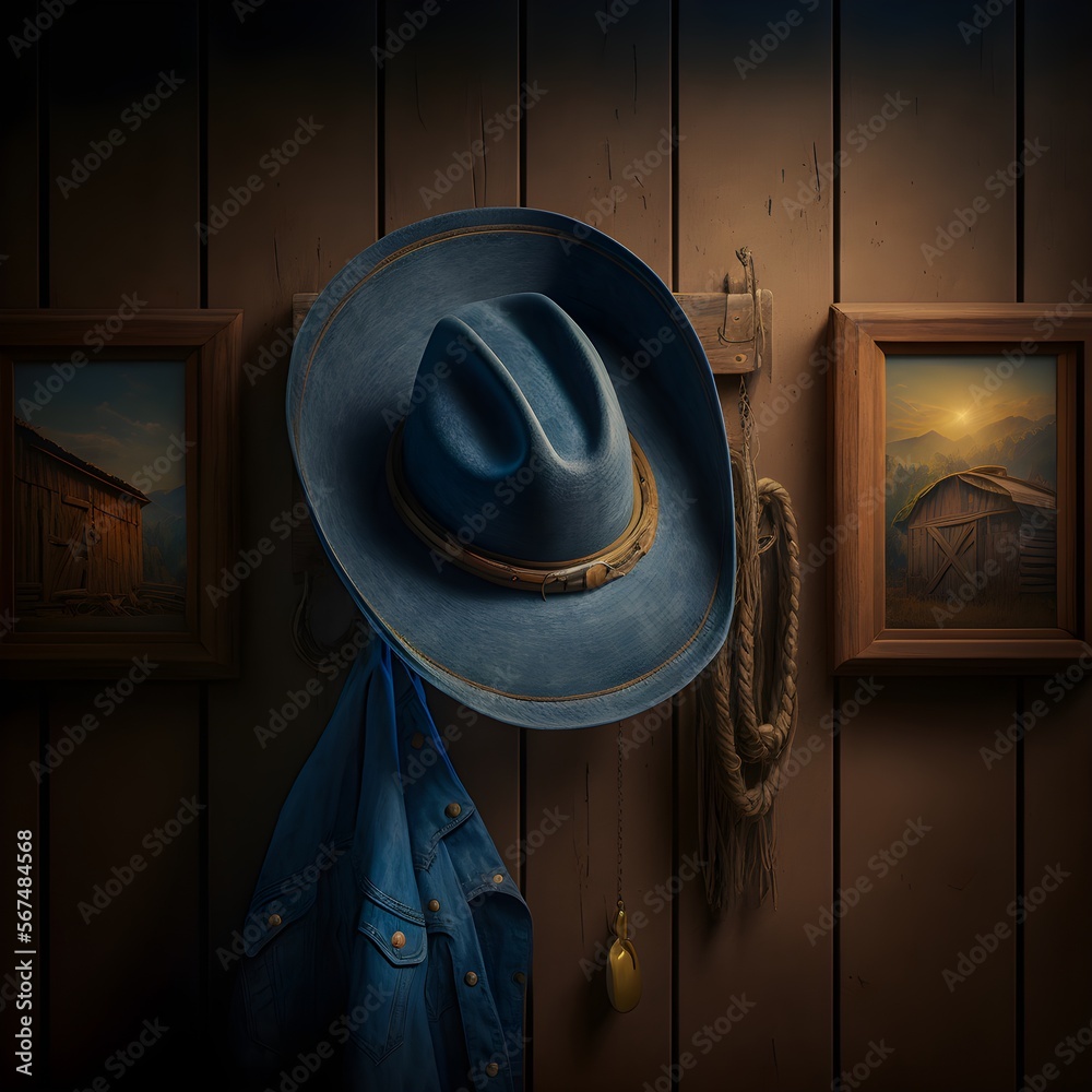 Denim cowboy hat and denim jacket henging on the wall Conwoy hat has a ...