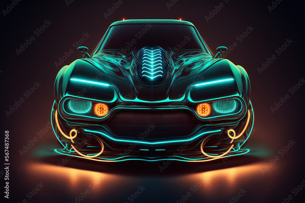 Neon style sedan car on a dark background with warm lighting ...