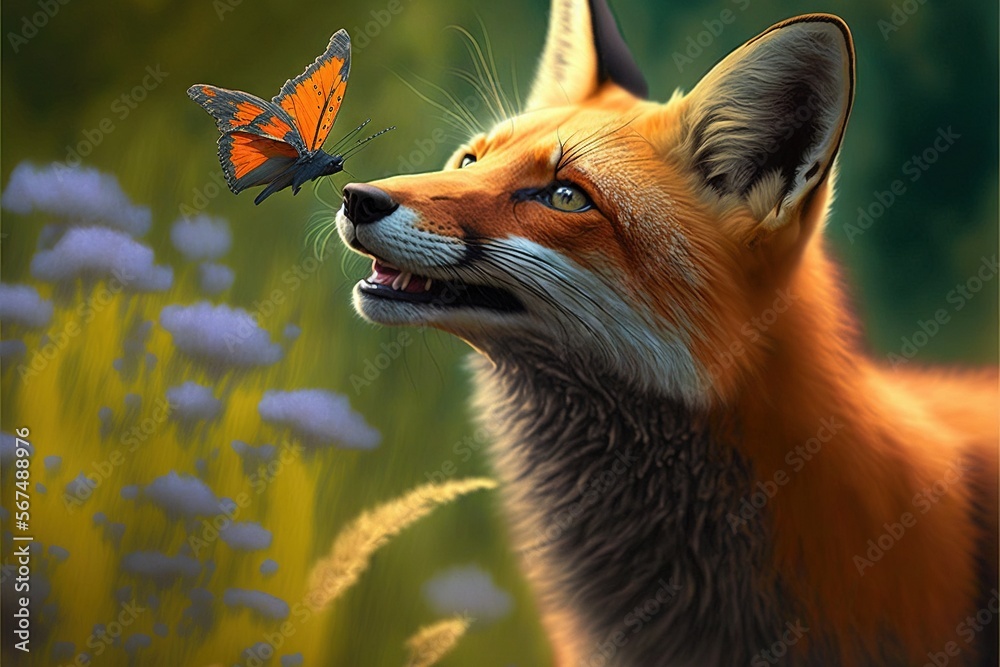 a painting of a fox with a butterfly on it's nose and a butterfly on ...
