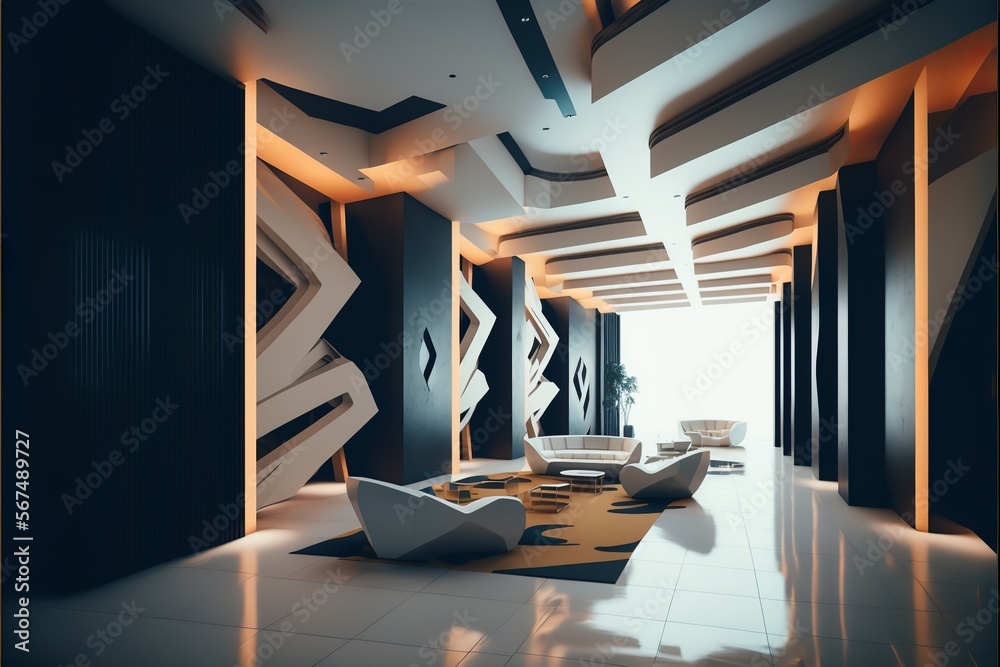 Modern futuristic style hotel reception waiting room, interior Stock ...