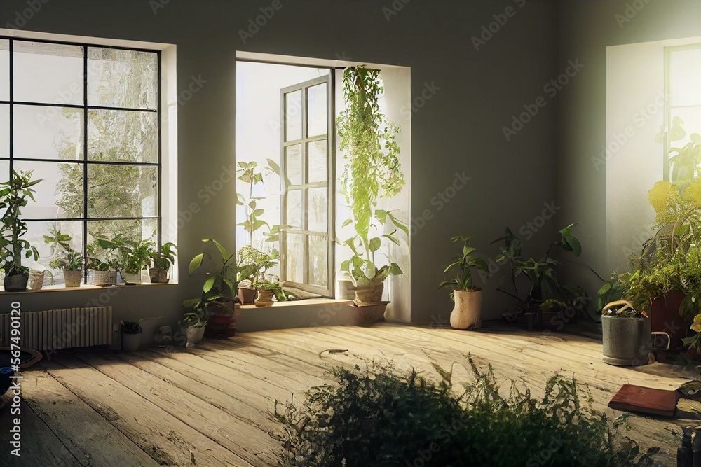 the inside of a house with lots of plants and tools in it, including an ...