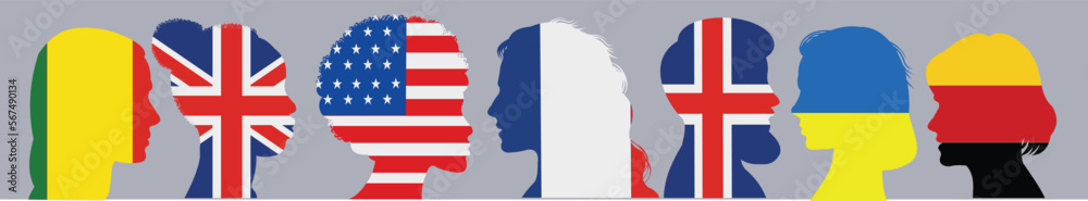 Silhouette of a human head profile with flags of the countries Stock ...