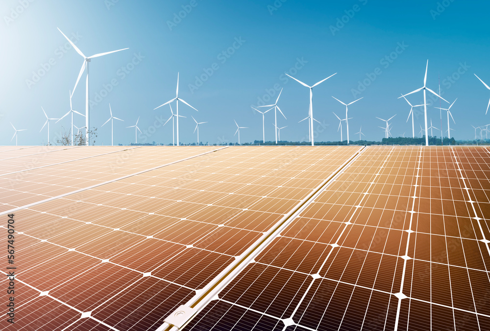 wind turbine and solar panel.renewable energy to businesses, homes, and ...