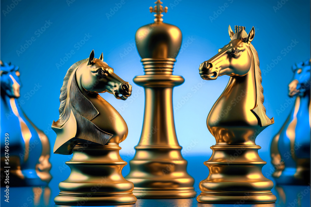 Gold Chess pieces on chess board with blue background. Business ...