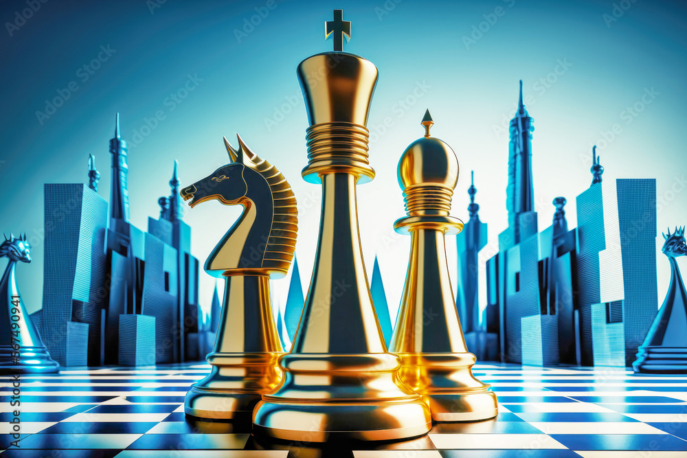 Gold Chess pieces on chess board with city background. Business ...