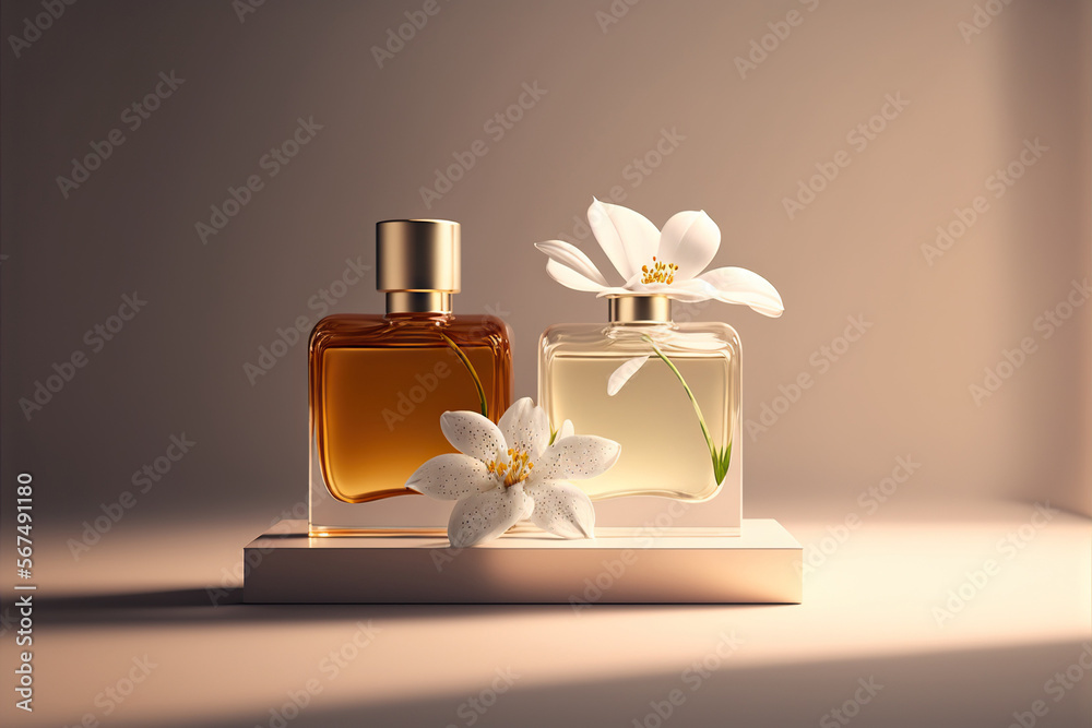 Collection of transparent multi color glass floral perfume bottles on a ...