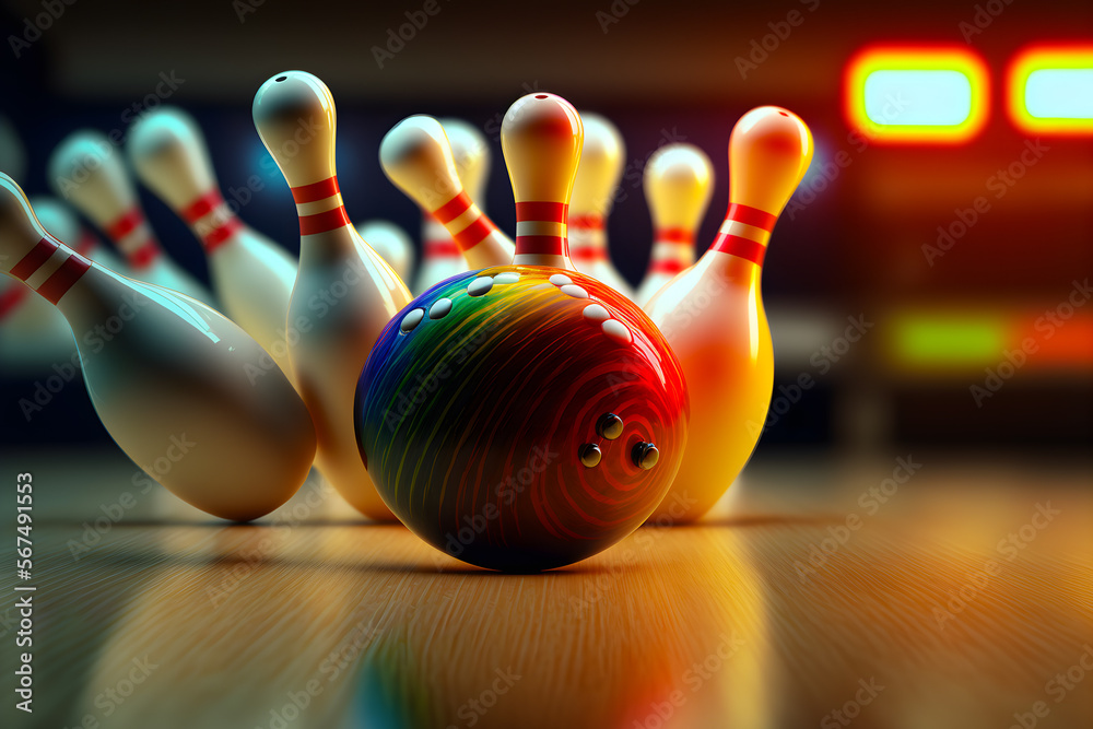 Bowling strike hit win. Bowling ball breaks the pins on the lane ...