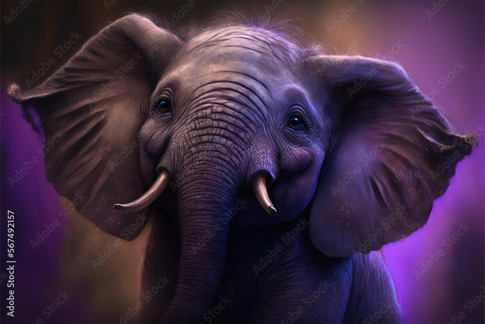 a painting of an elephant with its trunk up and eyes wide open, with a ...