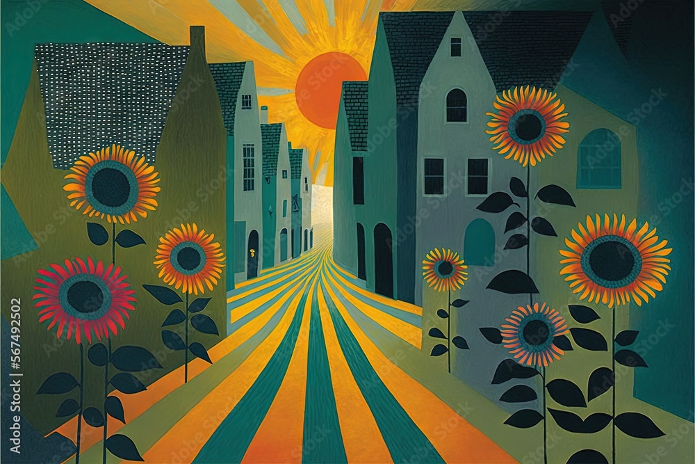 a painting of sunflowers and buildings in a city at night with the sun ...