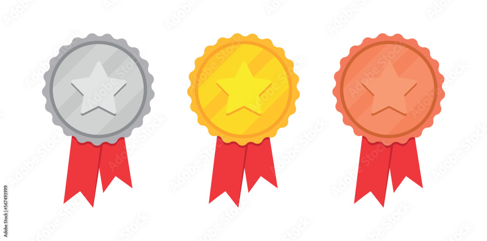 Gold silver bronze medal reward set with star and striped ribbon for ...