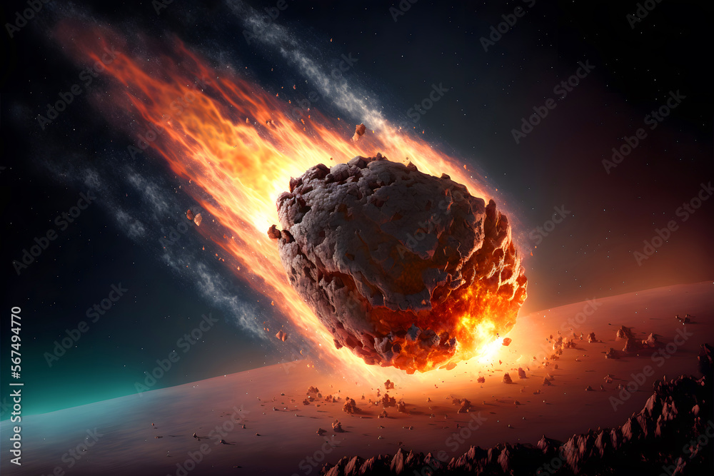 Asteroid impact, end of world, judgment day. Group of burning exploding ...