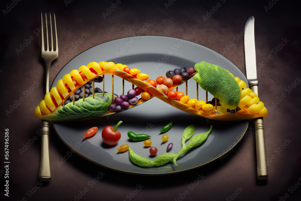 DNA food and genetically modified foods, DNA helix structure on plate ...