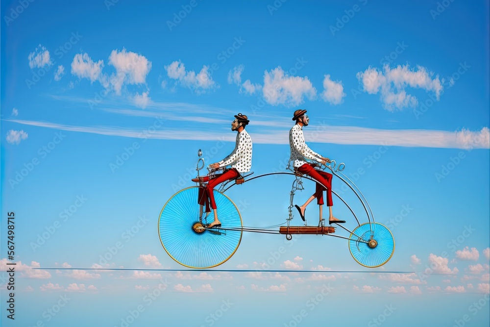 two people riding on a bicycle in the air with a blue sky in the back ...
