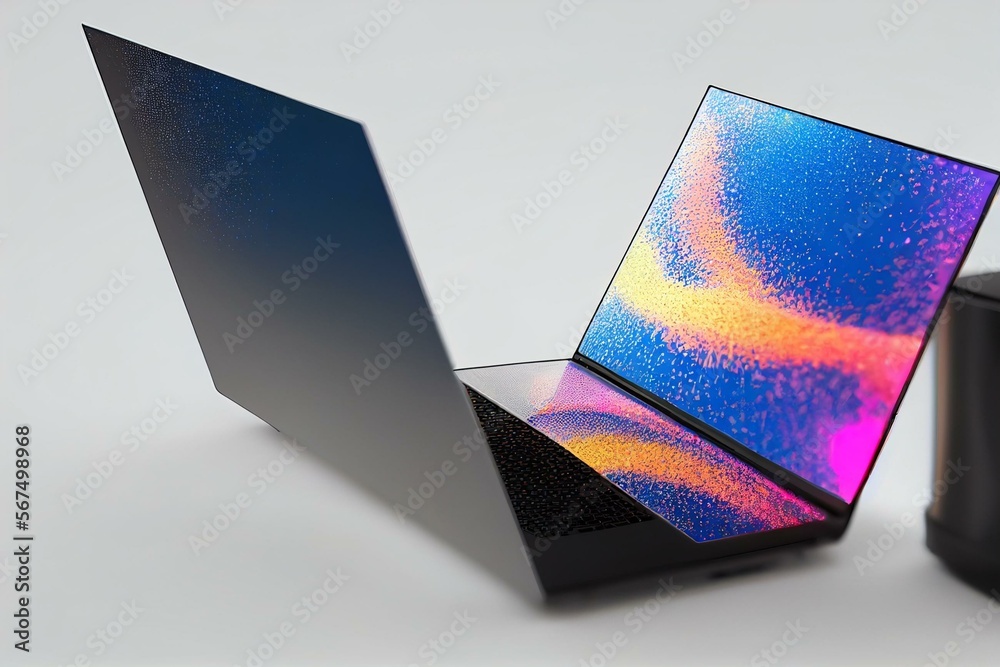 Laptop with multipe particles flow coming out from the glowing white ...