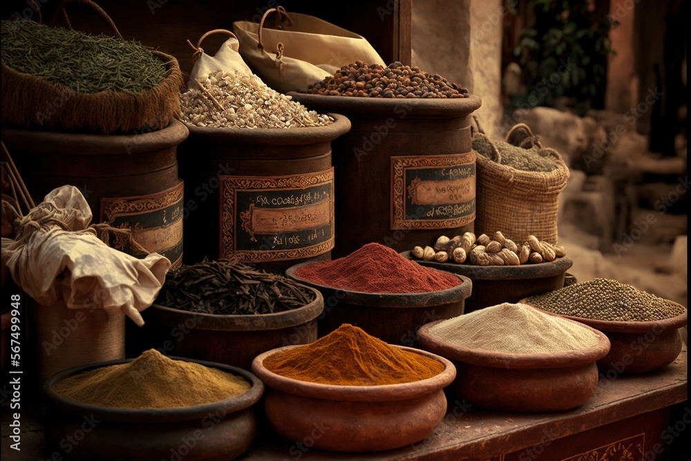 a variety of spices are on display in a market stall in a village in ...