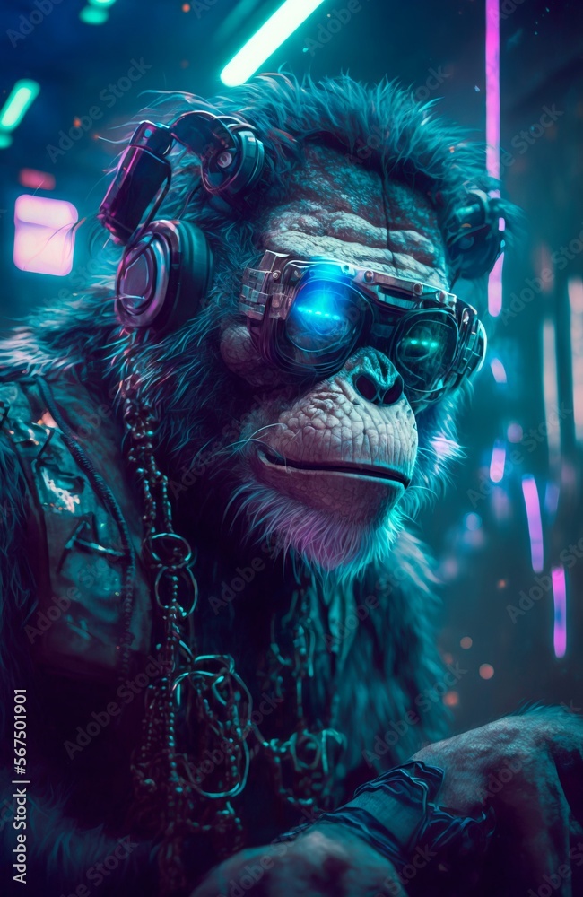 Humanoid chimpanzee in futuristic clothing on a blurred cyberpunk city ...