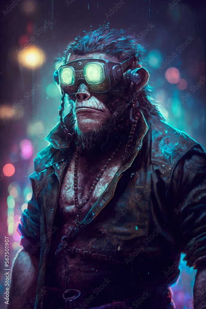 Humanoid chimpanzee in futuristic clothing on a blurred cyberpunk city ...