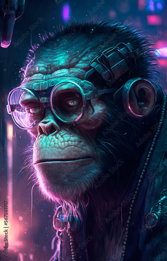 Humanoid chimpanzee in futuristic clothing on a blurred cyberpunk city ...