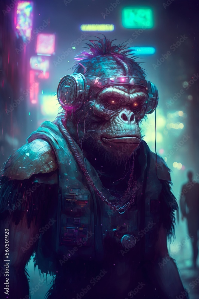 Humanoid chimpanzee in futuristic clothing on a blurred cyberpunk city ...
