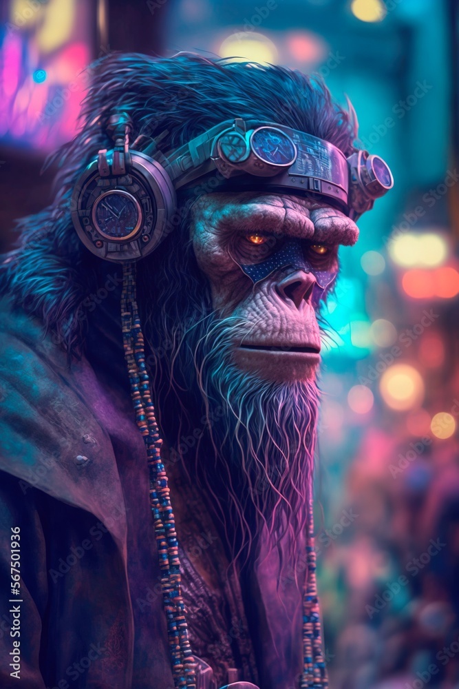 Humanoid chimpanzee in futuristic clothing on a blurred cyberpunk city ...