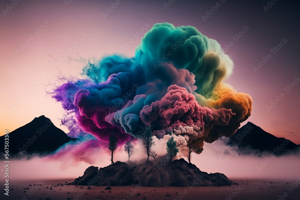 Paisaje natural con humo multicolor, montañas, árboles y cielo creado ...