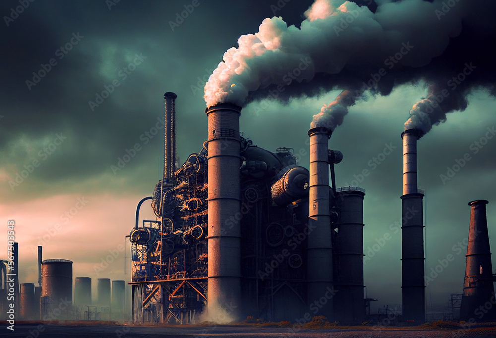 Factory chimneys pollute air. Smoke pipes of industrial plant in ...