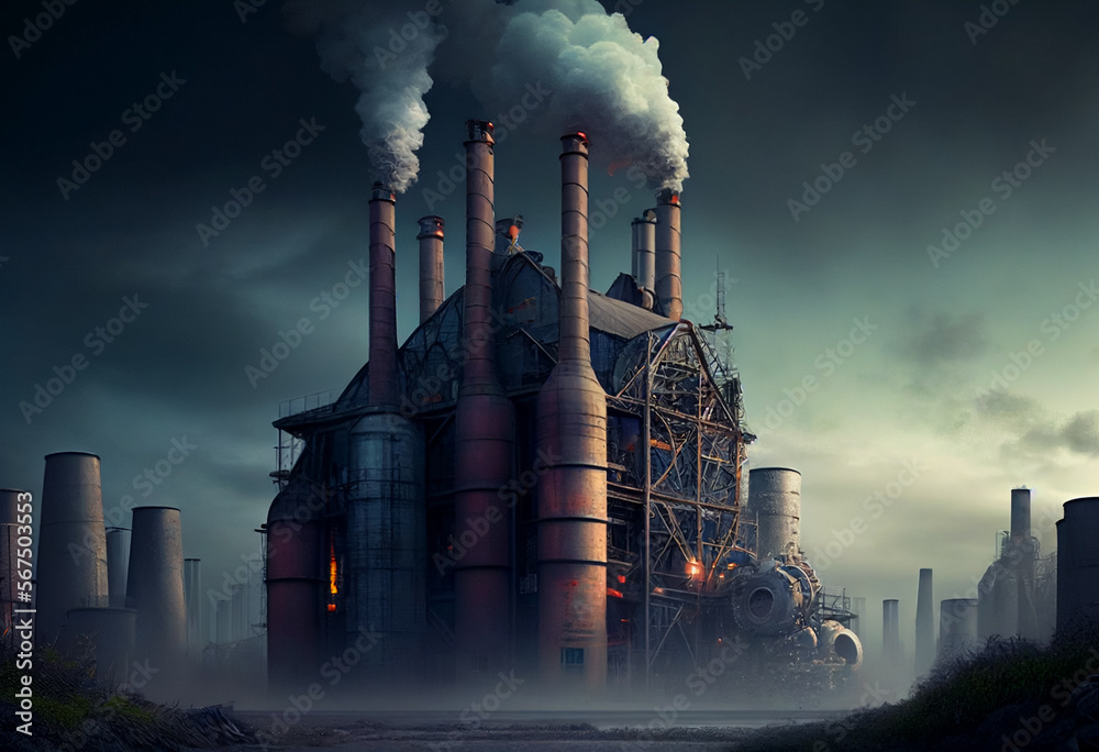 Factory chimneys pollute air. Smoke pipes of industrial plant in ...
