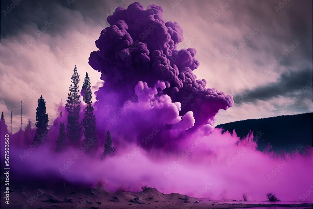 Paisaje natural con humo color violeta, montañas, árboles y cielo ...