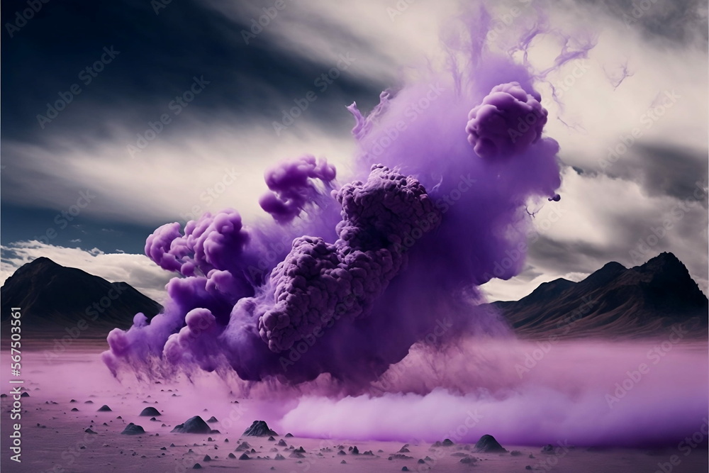 Paisaje natural con humo color violeta, montañas, árboles y cielo ...