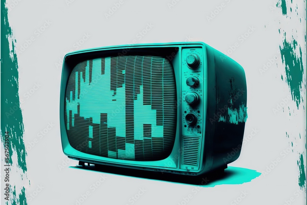 an old television with a green screen on a white background with a ...
