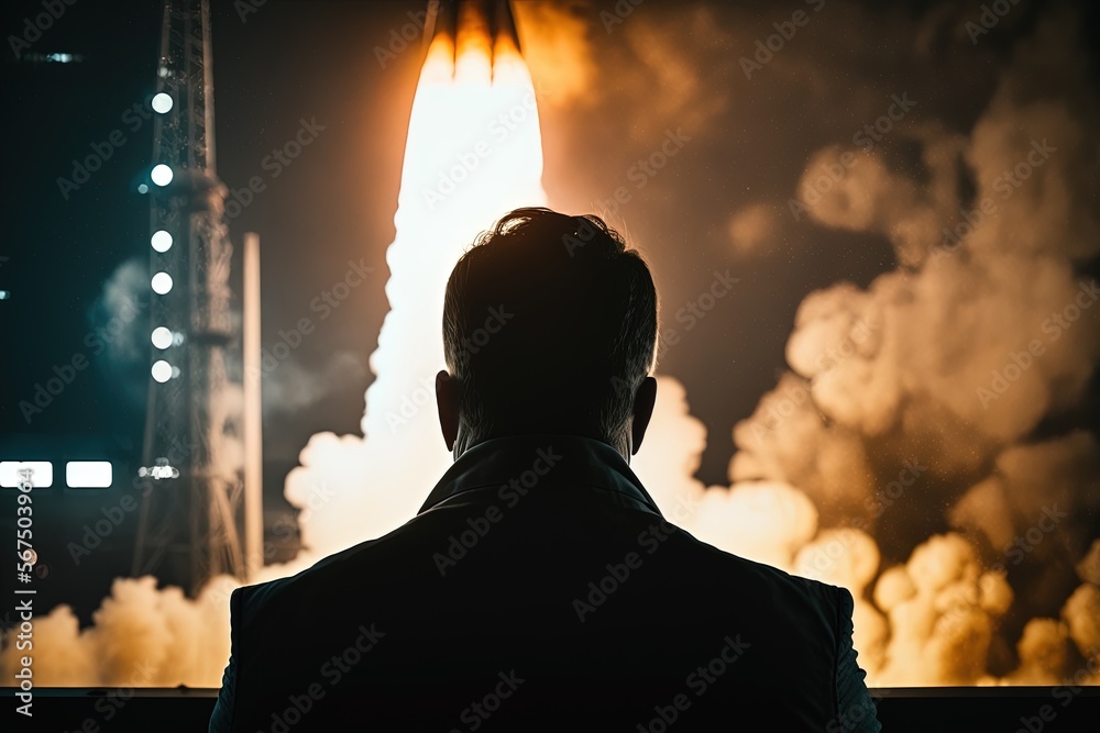 Back view of Elon Musk watching the SpaceX rocket launch, made with ...