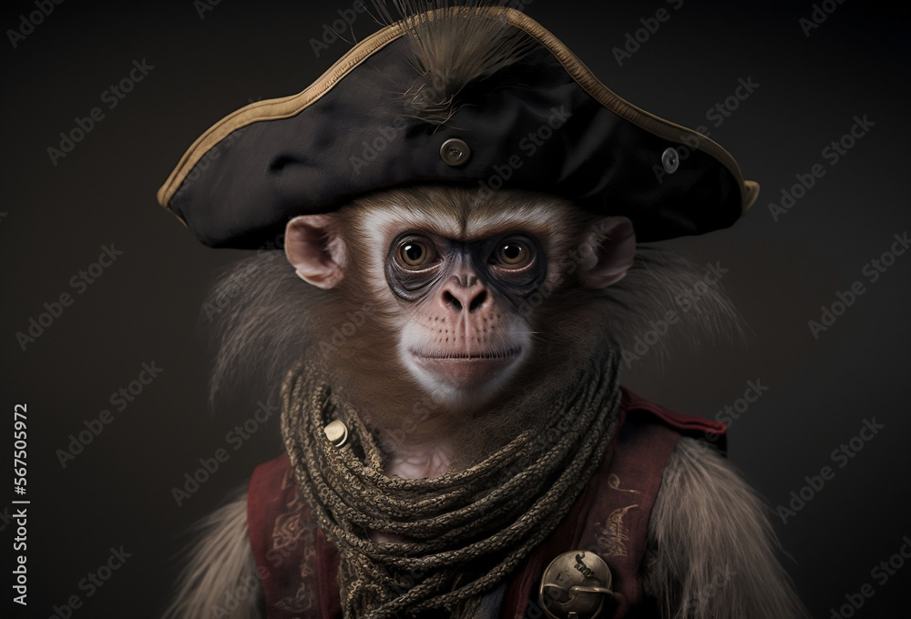 Monkey Dressing as a Pirate, Portrait, Studio Light, Dark Background ...
