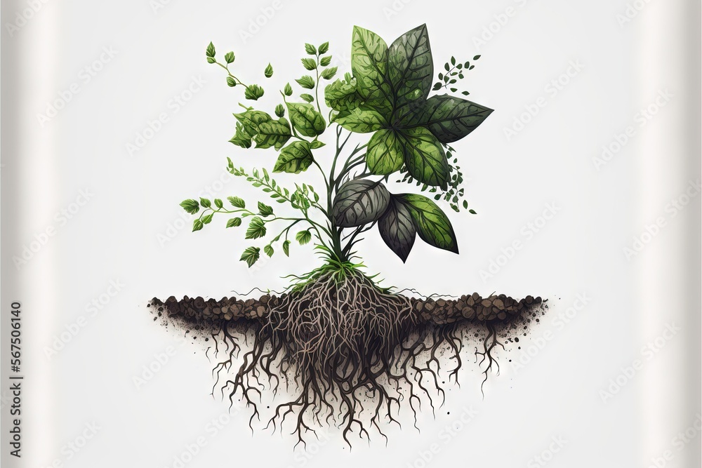 a picture of a plant with roots and leaves on a white background with a ...