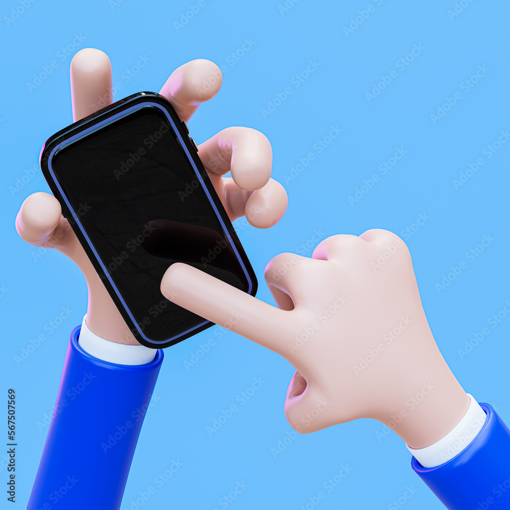 Cartoon hand holding and touching phone mockup template. cartoon hands ...