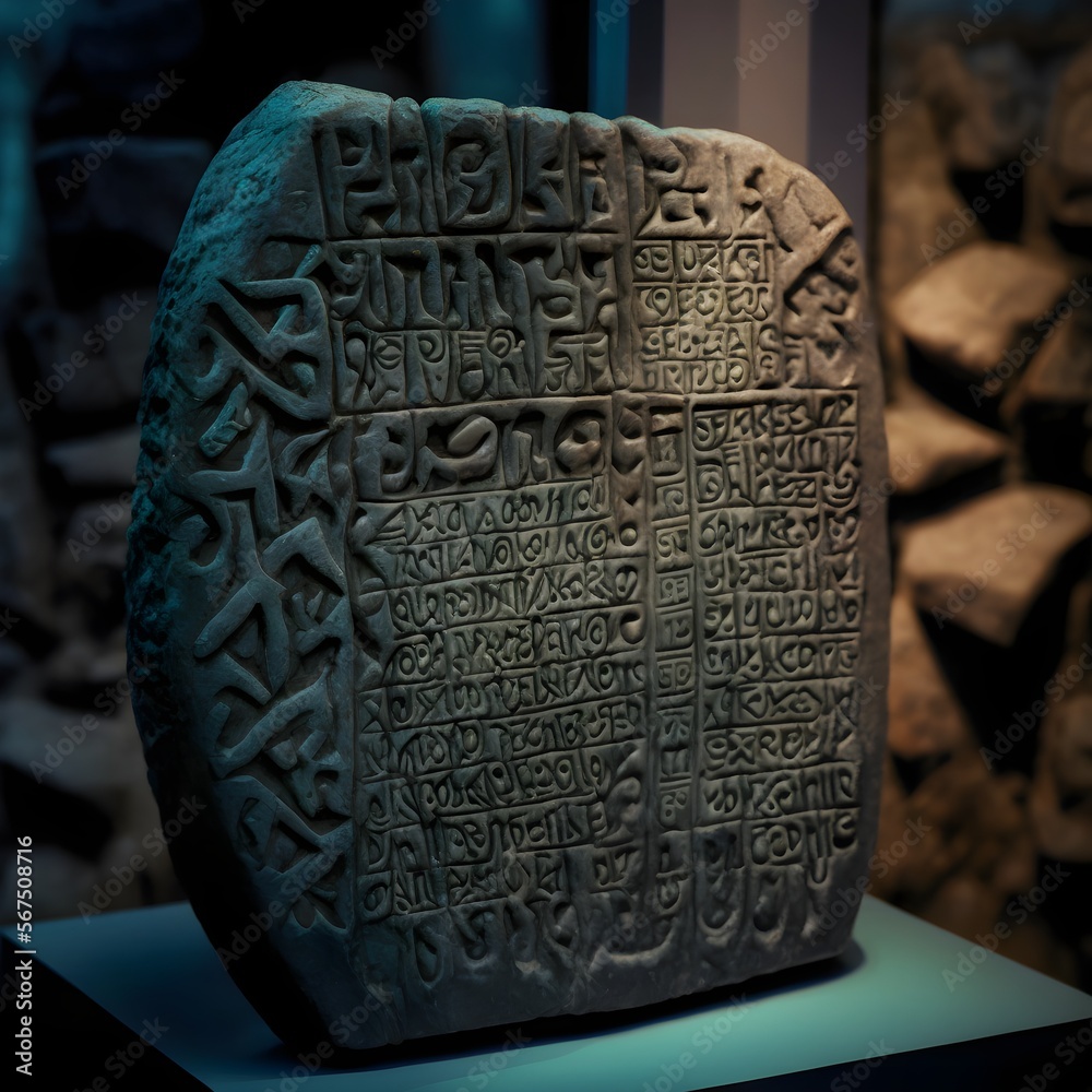 An ancient cracked stone tablet chiseled with demonic runes and ...