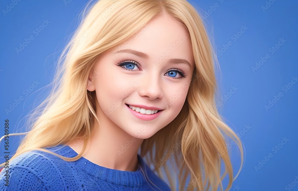 A young blonde, little girl with blue eyes and a blue sweater poses for ...