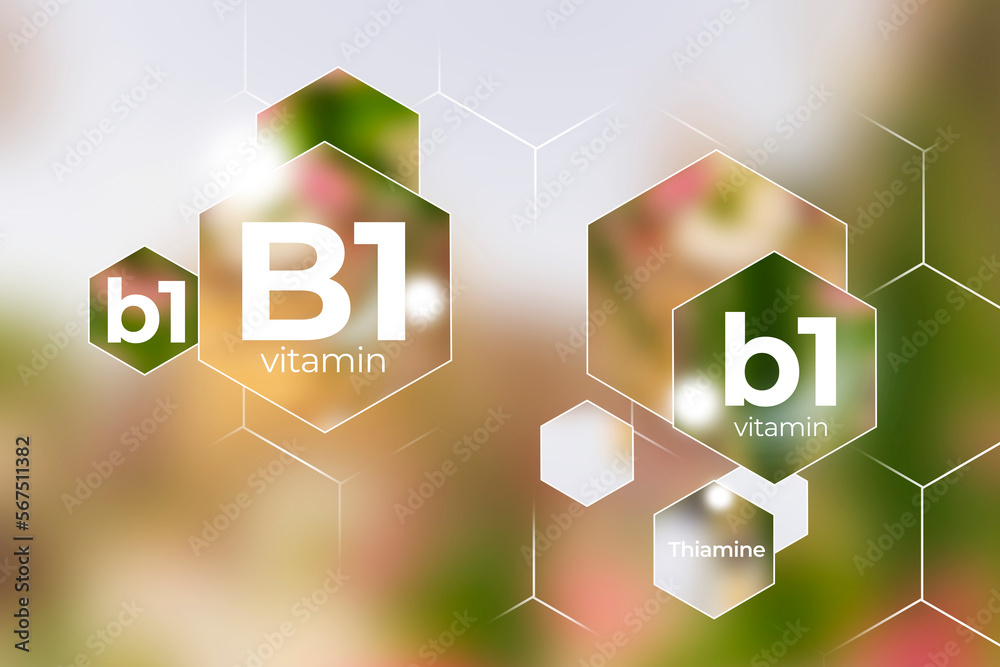 Molecular model of vitamin B1, Thiamine. Hexagons with Vitamin B1 name ...