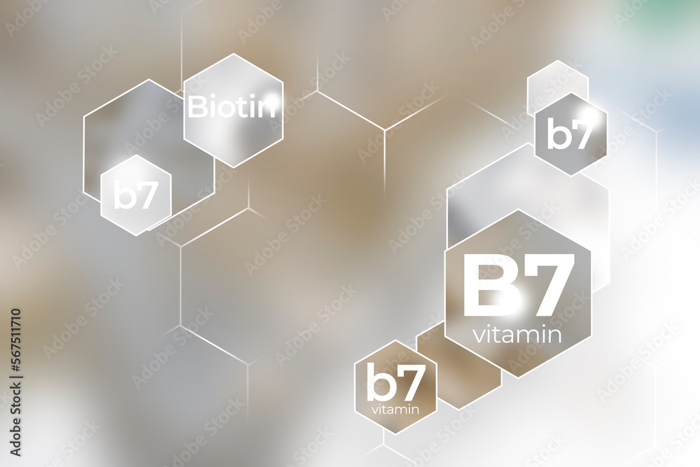 Molecular model of vitamin B7. Hexagons with Vitamin B7 name, blurry ...