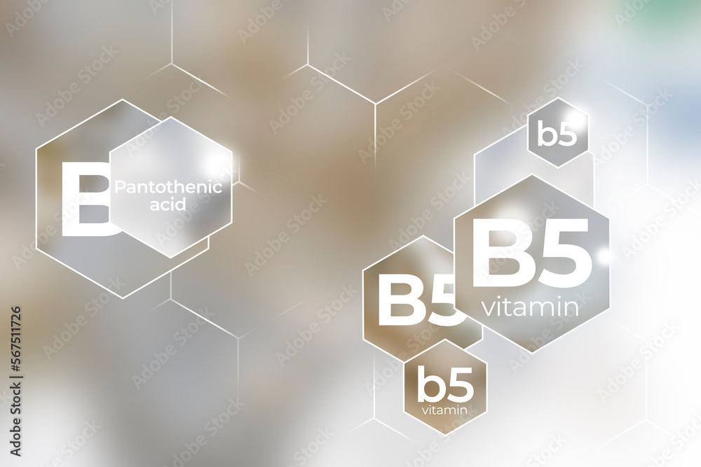 Molecular model of vitamin B5. Hexagons with Vitamin B5 name, blurry ...